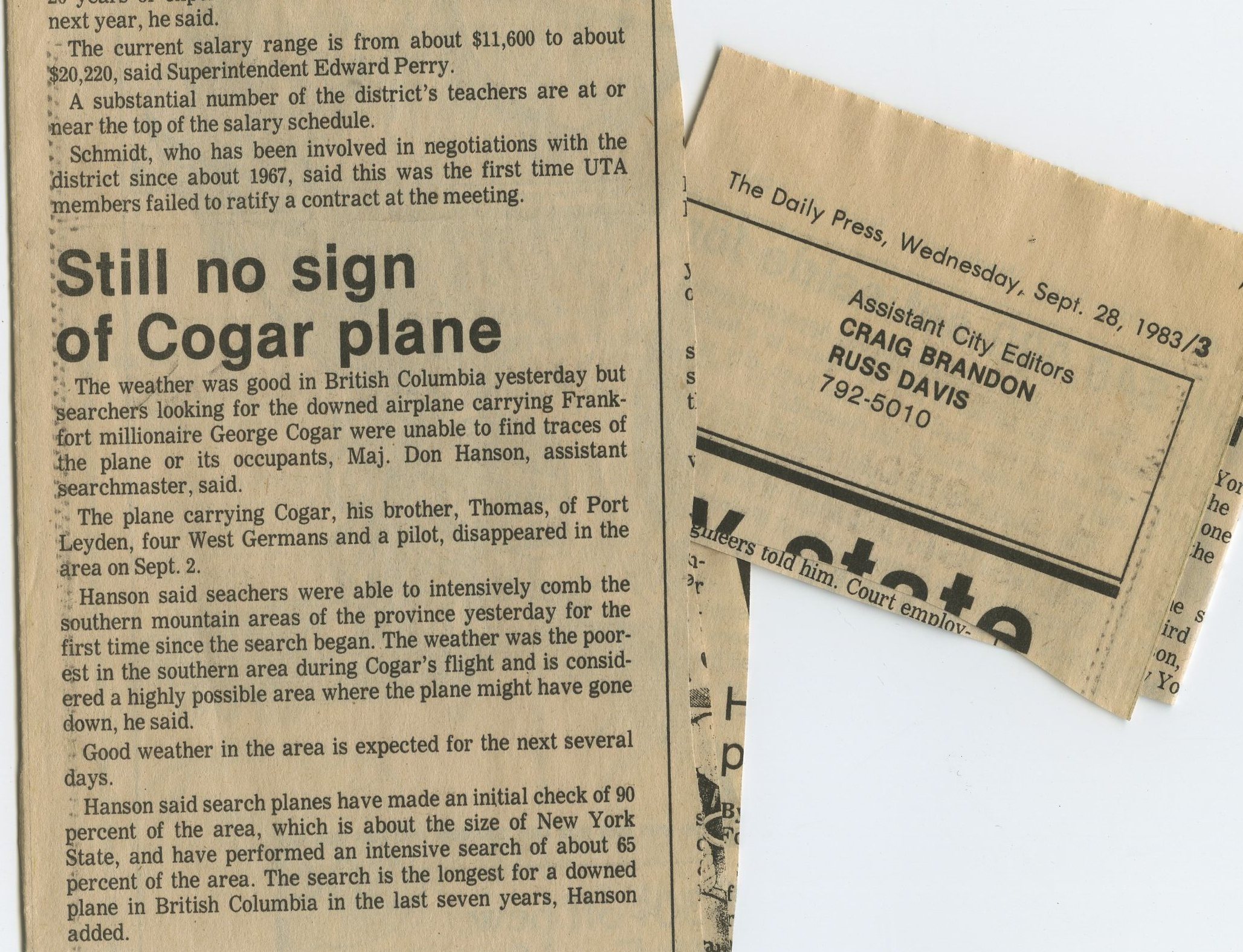 Sill no sign of Cogar plane | georgecogar