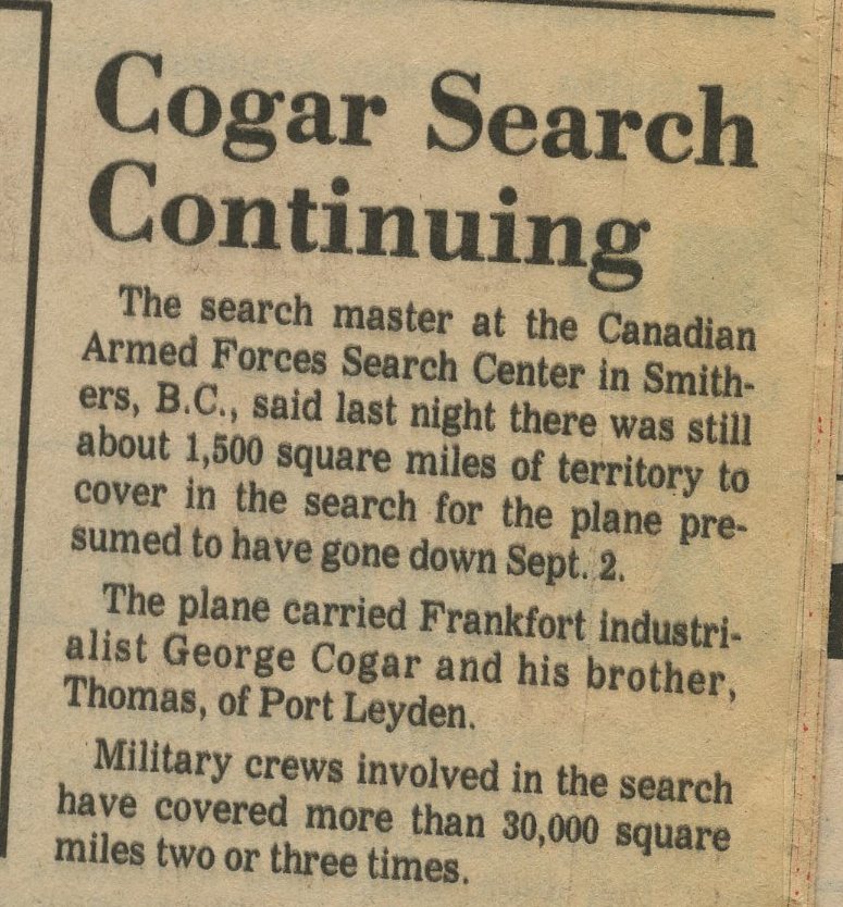 Cogar Search Continuing | georgecogar