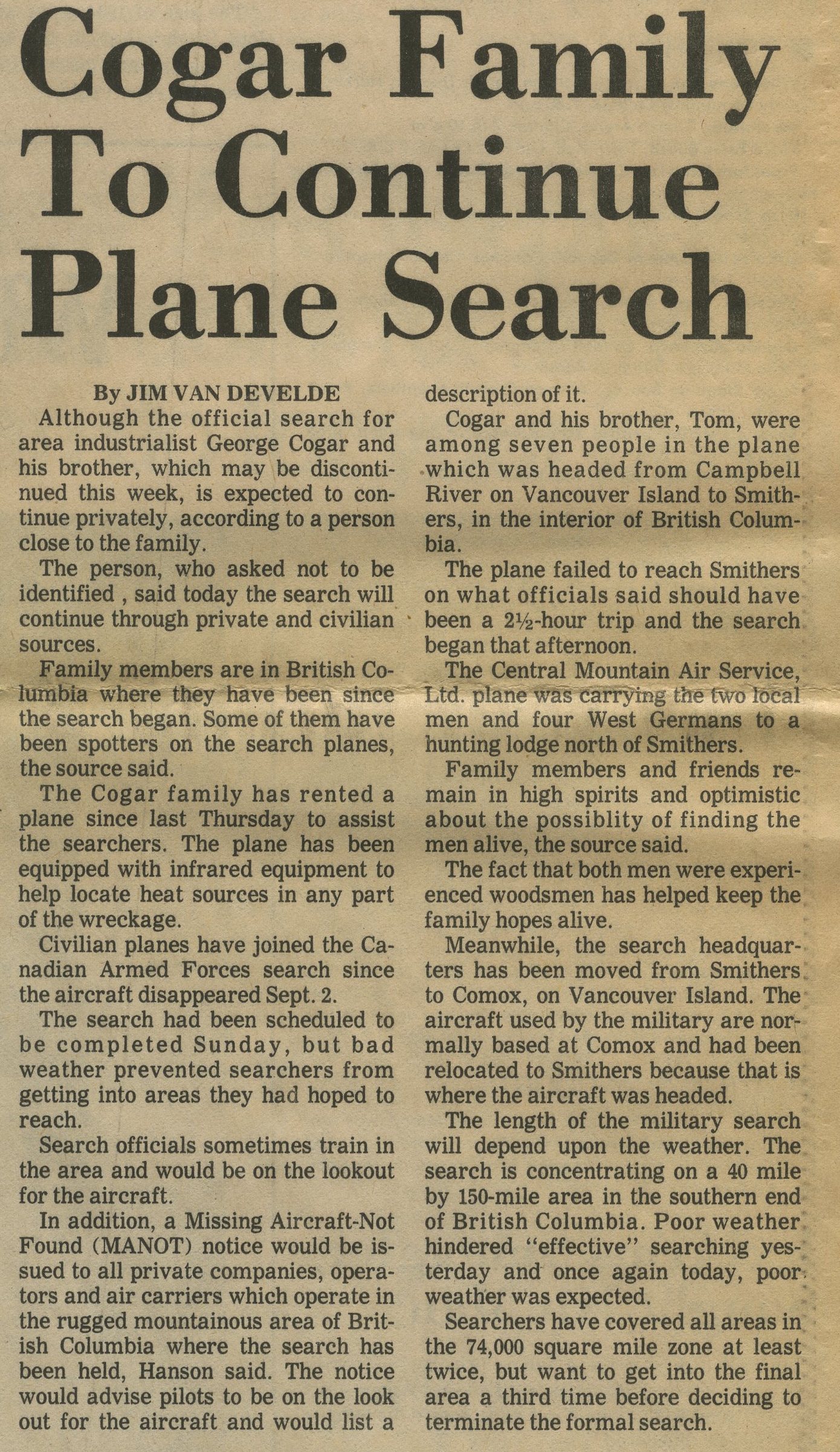 Cogar Family to Continue Plane Search | georgecogar