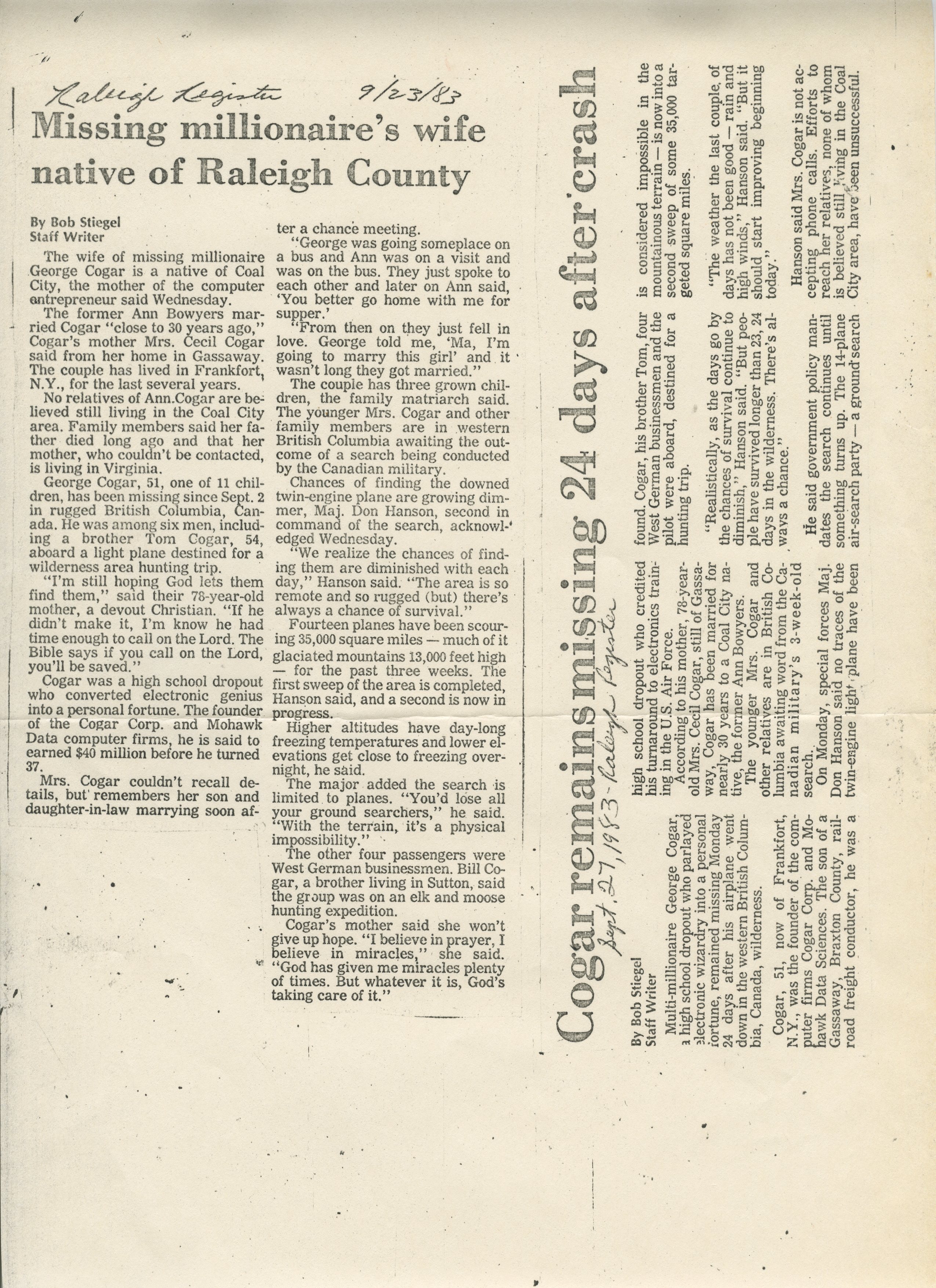 Cogar remains Missing 24 days after crash | georgecogar