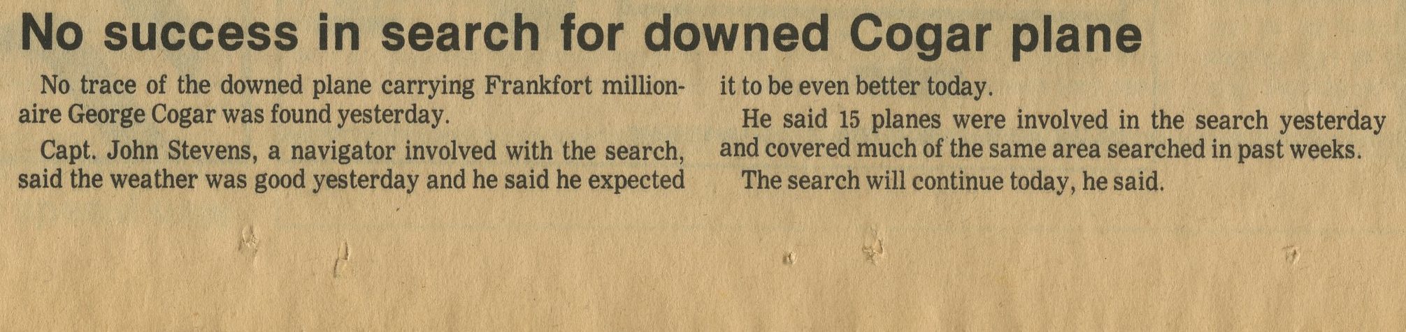 No success in search for downed Cogar plane | georgecogar